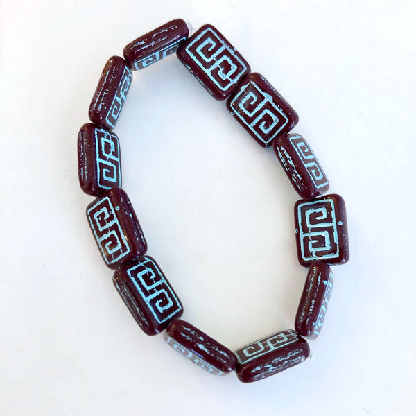 Greek Key Design Czech glass beads - Maroon with Blue Wash - Island ...